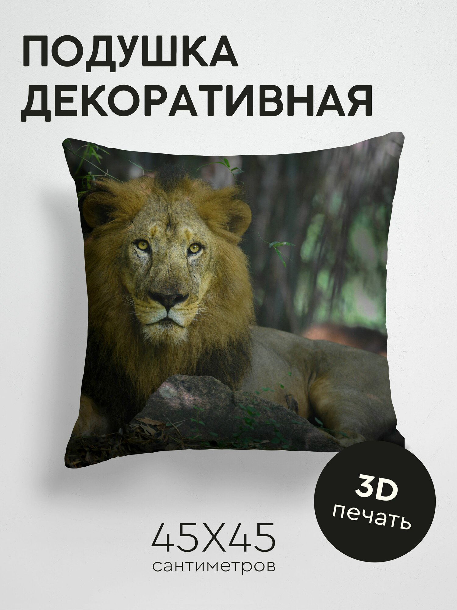 Подушка декоративная, 45x45см / Животные / лев / хищник / грива / царь зверей / большая кошка
