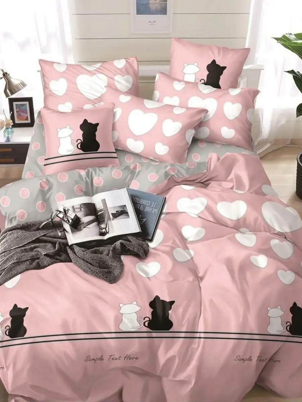 Комплект постельного белья Mency "Hearts and Cats" Евро, простыня на резинке ZH