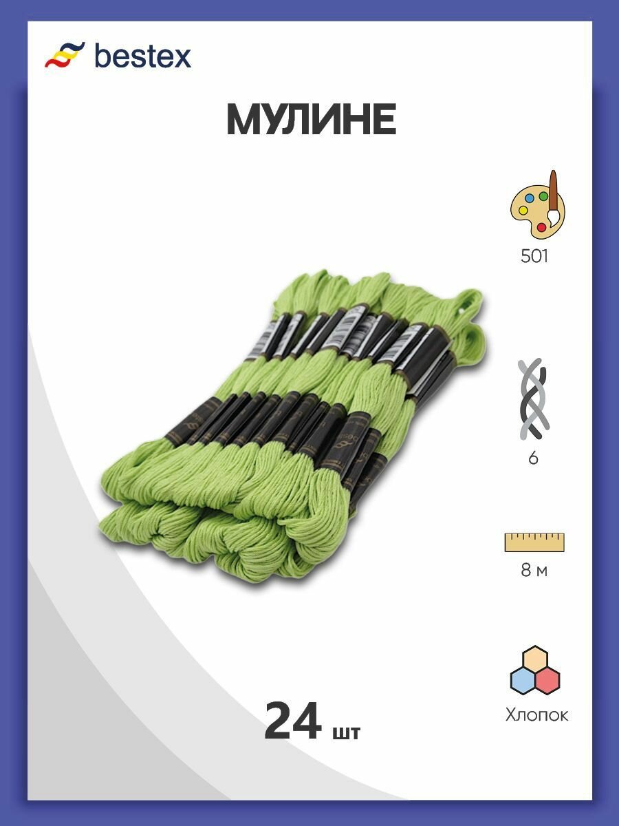 Мулине одноцветный набор Bestex, мерсеризованный хлопок, 24 шт (501)