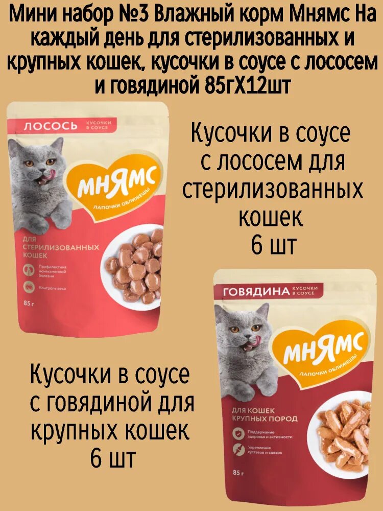 Мини набор №3 Влажный корм Мнямс для стерилизованных кошек, кусочки в соусе с лососем и говядиной, 12 шт х 85 гр