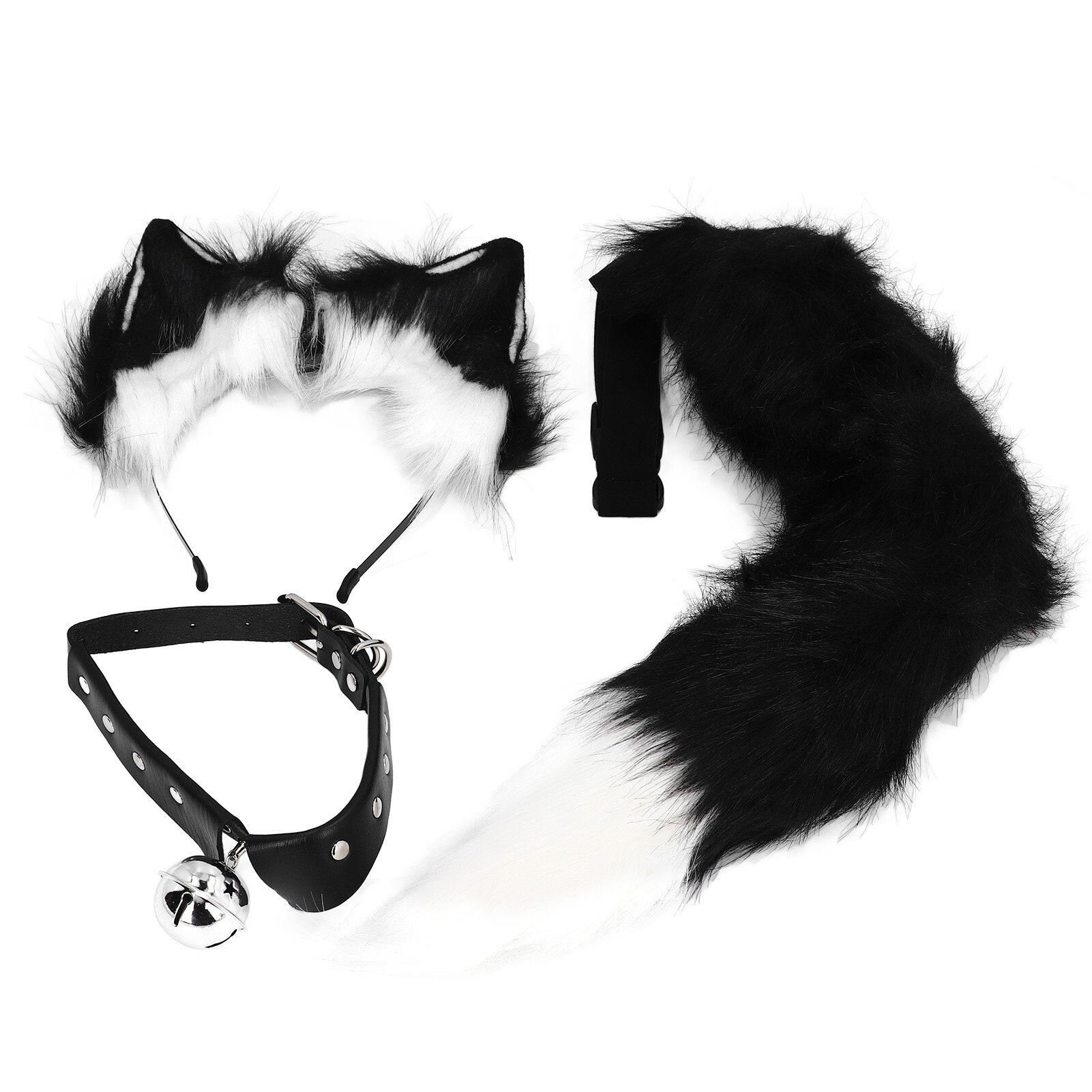Искусственный Мех Волк Лисий Хвост Уши Заколки Для Волос Набор Шеи Воротник Кошачьи Уши и Волк Лисий Хвост Животного Косплей Костюм Хэллоуин Аниме Косплей Костюм Партии Черный Белый
