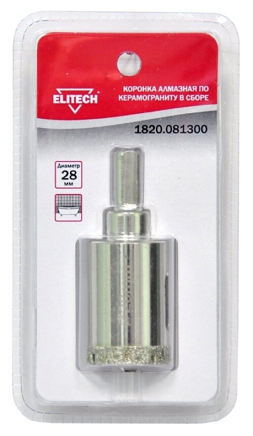 Коронка алмазная Elitech / Элитек в сборе, по керамограниту, мокрый рез, шестигранный хвостовик HEX, диаметр 28мм / инструменты