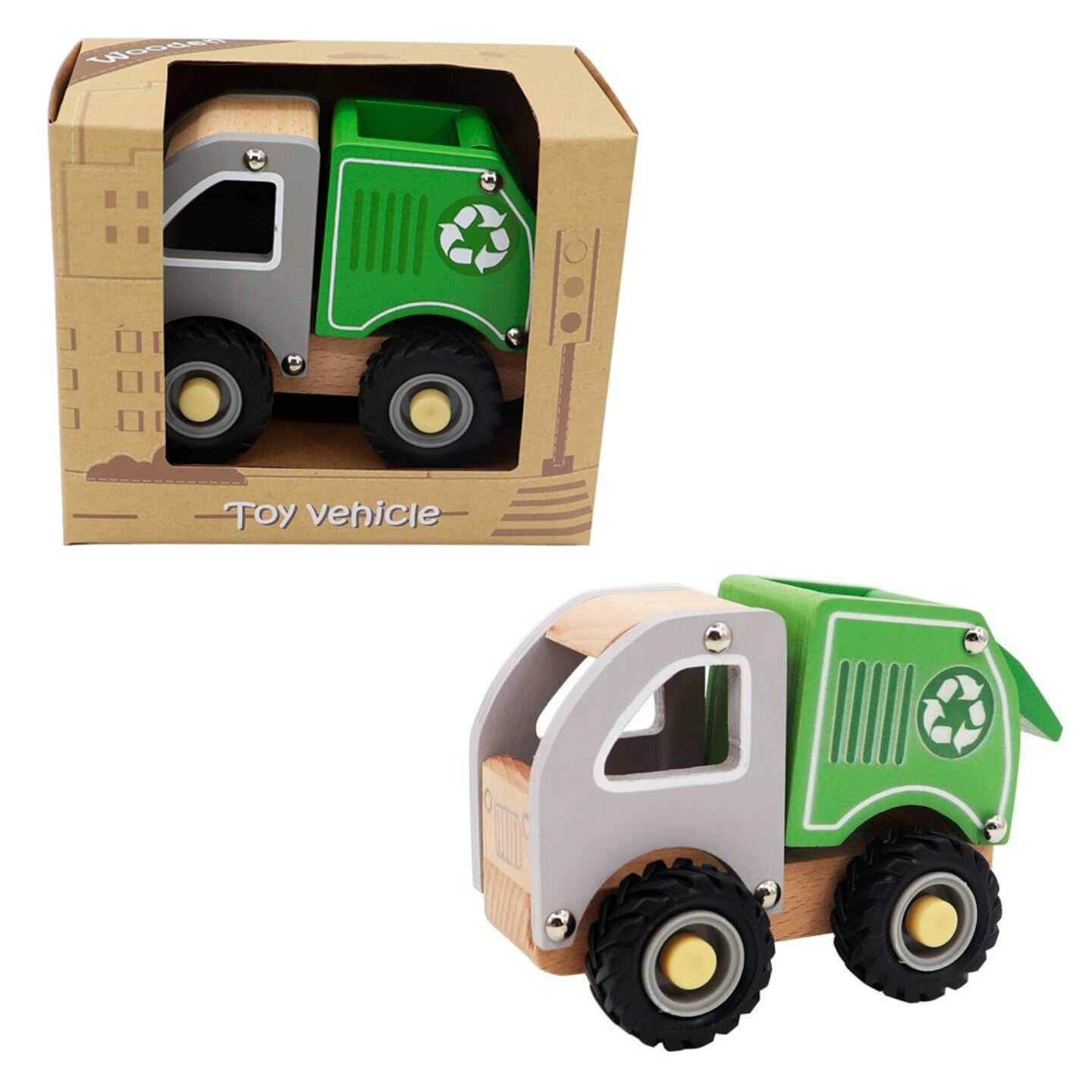 Игрушечная машинка Детское Время - Мусоровоз (без механизмов, фигурка не съёмная, материалы: дерево, металл, пластик, резина), 23663-MUS