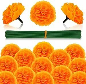 50 искусственных цветков бархатцев, оранжевый цвет, мексиканский шелковый декор, календула со стеблями