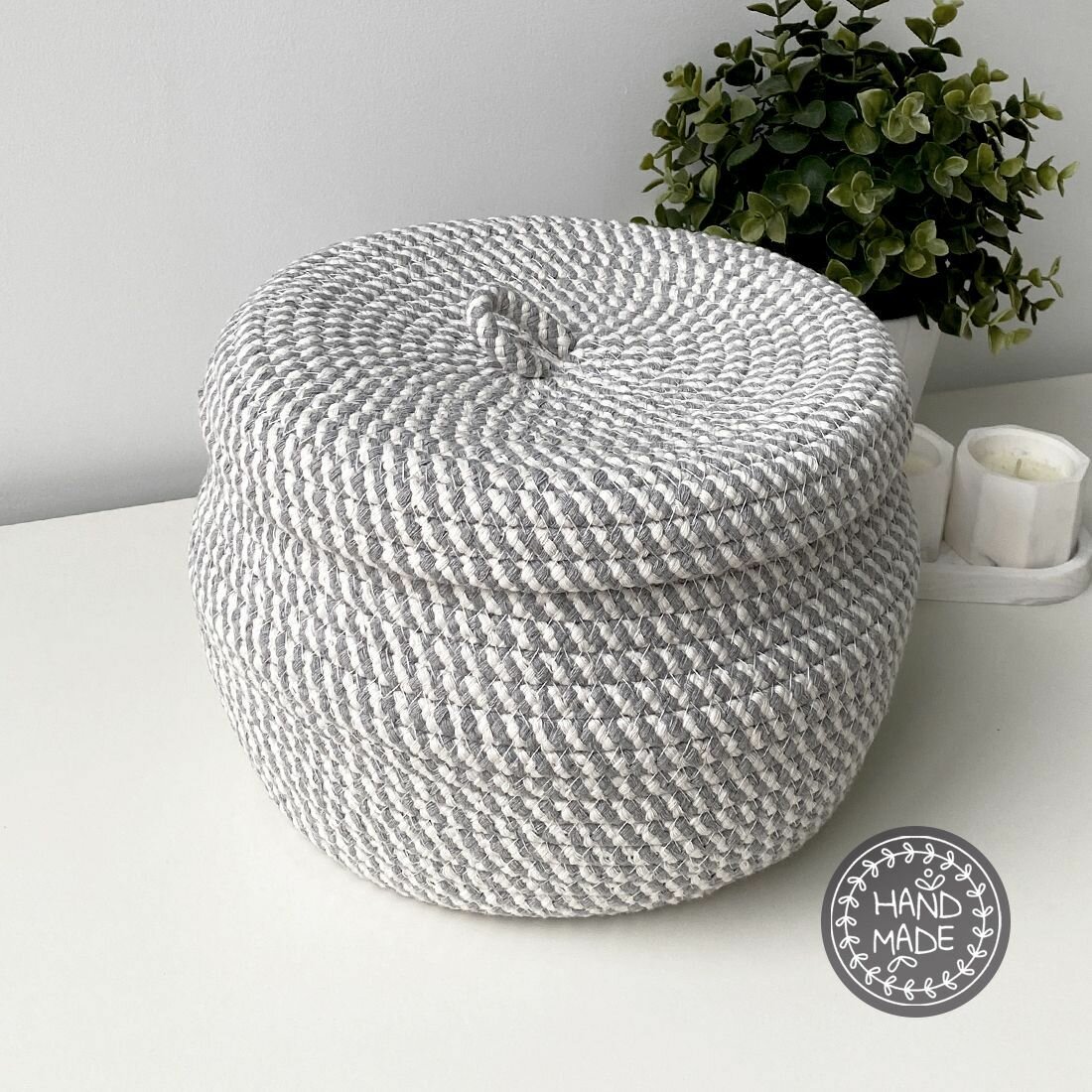 Корзина для хранения V684, плетеная, с крышкой, 11л, джут/хлопок, белая/серая