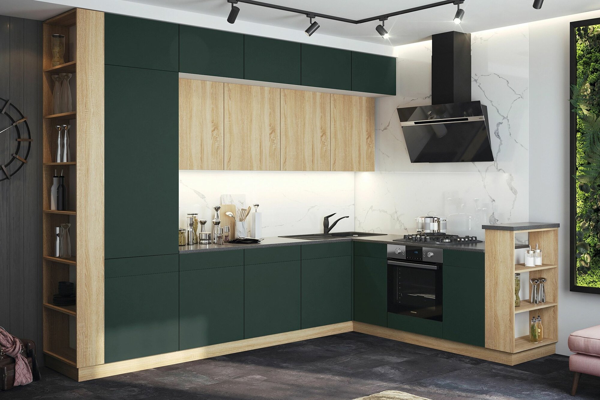 Кухня Техно-5 3,2*2,24м (490) (Сонома/Браш Мени Грин, Белый (Кастилло темный))