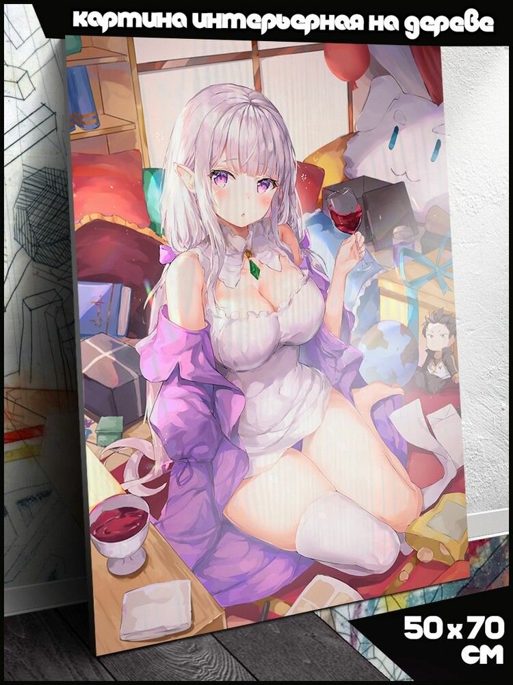 Картина интерьерная на дереве 50х70 см Re Zero Аниме (Комедия, Приключения, Сверхъестественное, Сёнэн, Супер сила, Экшен, Сериал, Рэм) - 5319