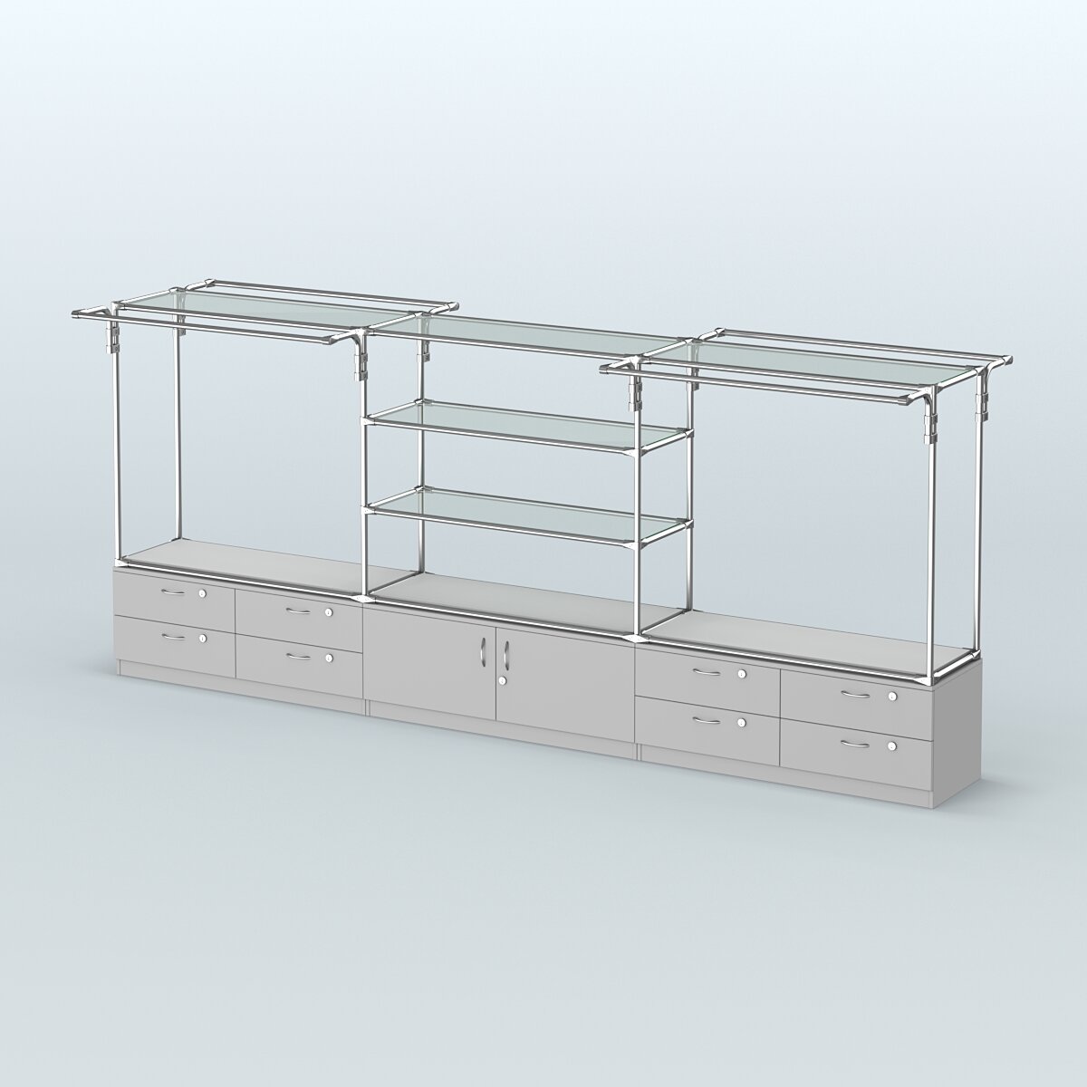 Островная торговая система хром 3600 мм с тумбами Т14, Т21 и поручнями №4, Серый