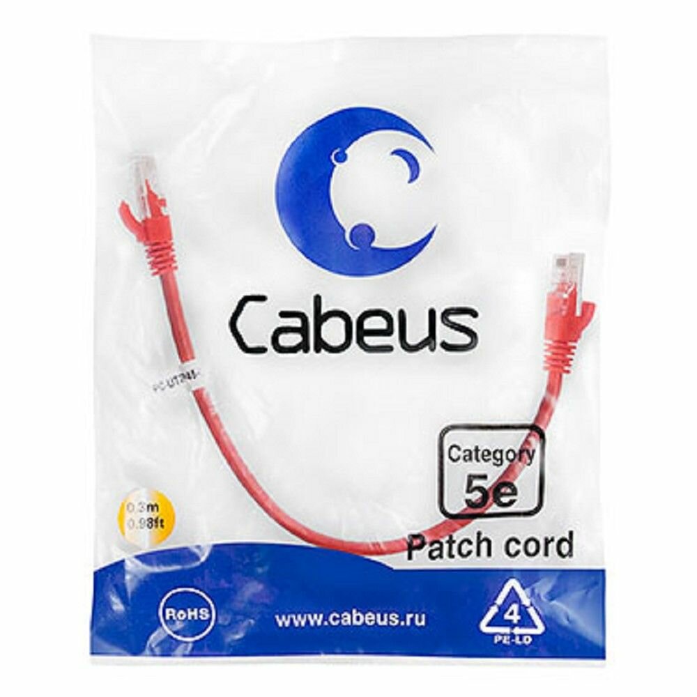 Cabeus Патч - корды сетевые, телефонные PC - UTP - RJ45 - CAT.5E - 0.3M - RD U UTP, категория 5Е, 2XRJ45 8P8C, неэкранированный, красный, PVC, 0.3М