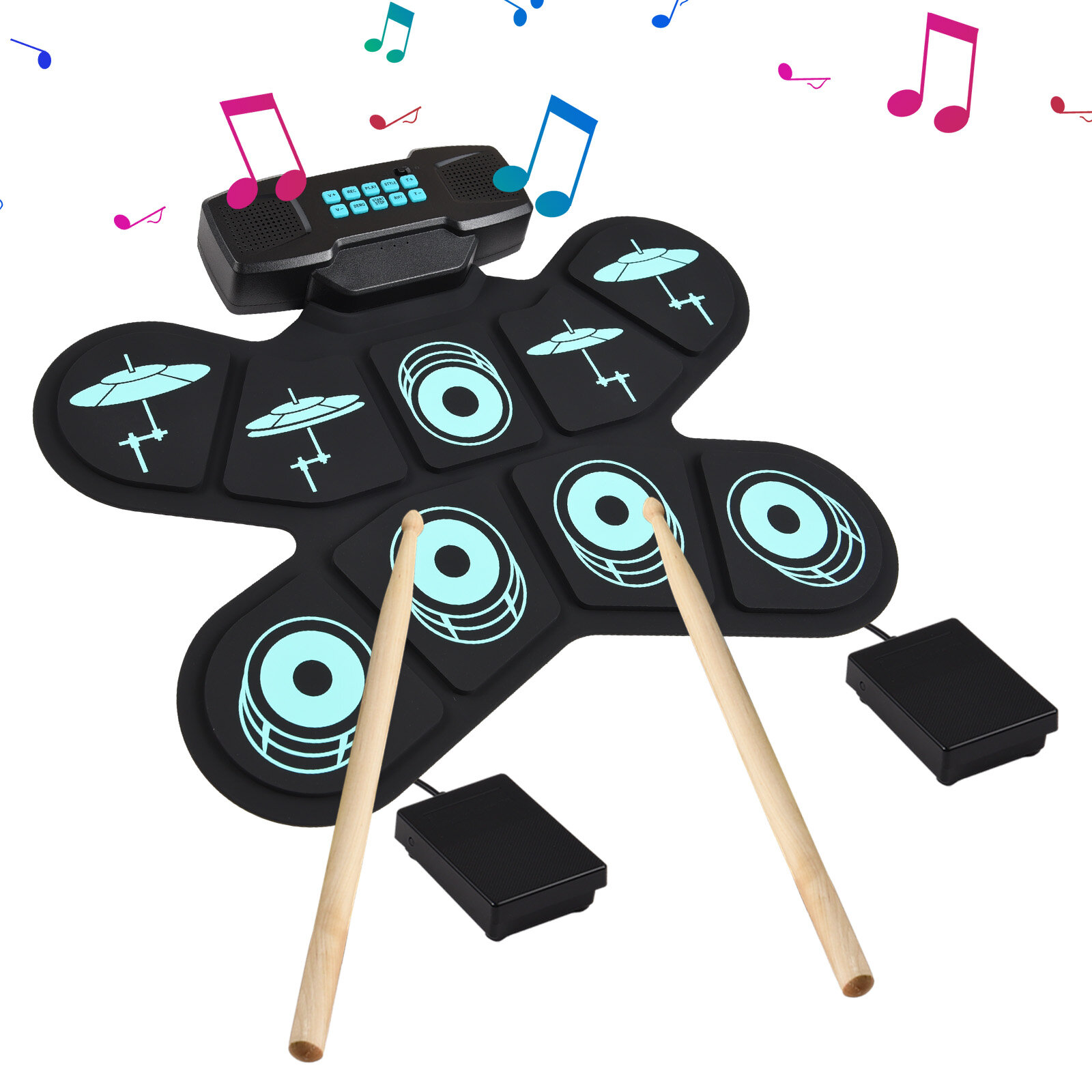 Электронная ударная установка Hand Roll Drum Set 9 пэдов с двойными динамиками, подзарядная, с палочками для барабанов, педалями, поддерживающая MIDI Gaming, в комплект входят 1 шт. электронная барабанная установка, 2 шт. палочки, 1 шт. USB кабель, 2 шт.
