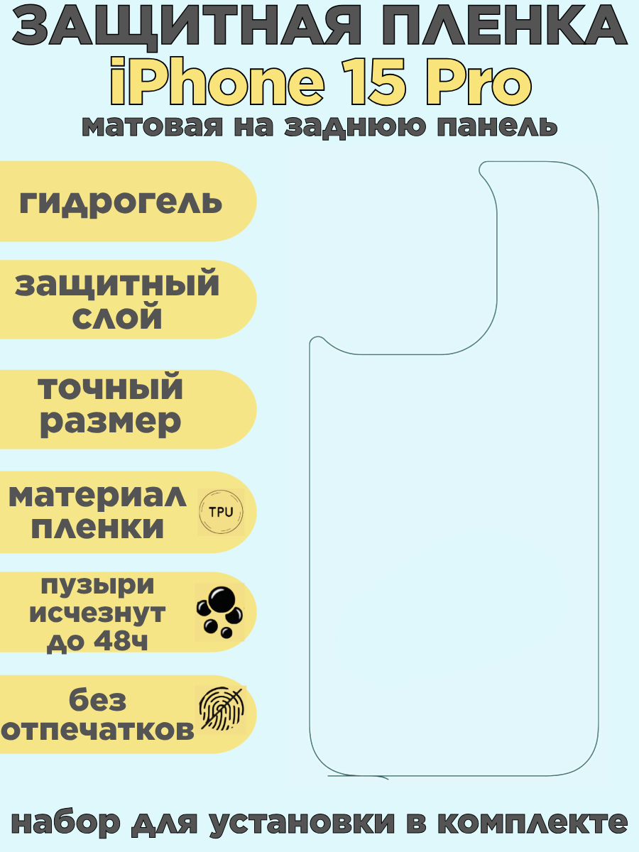 Задняя панель. Гидрогелевая полиуретановая защитная пленка для iPhone 15 Pro, матовая