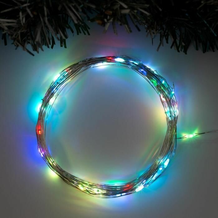 Гирлянда новогодняя Luazon Lighting "Нить", 10 м, роса, IP20, серебристая, 100 LED, свечение мульти RGB, переливы, 12 В