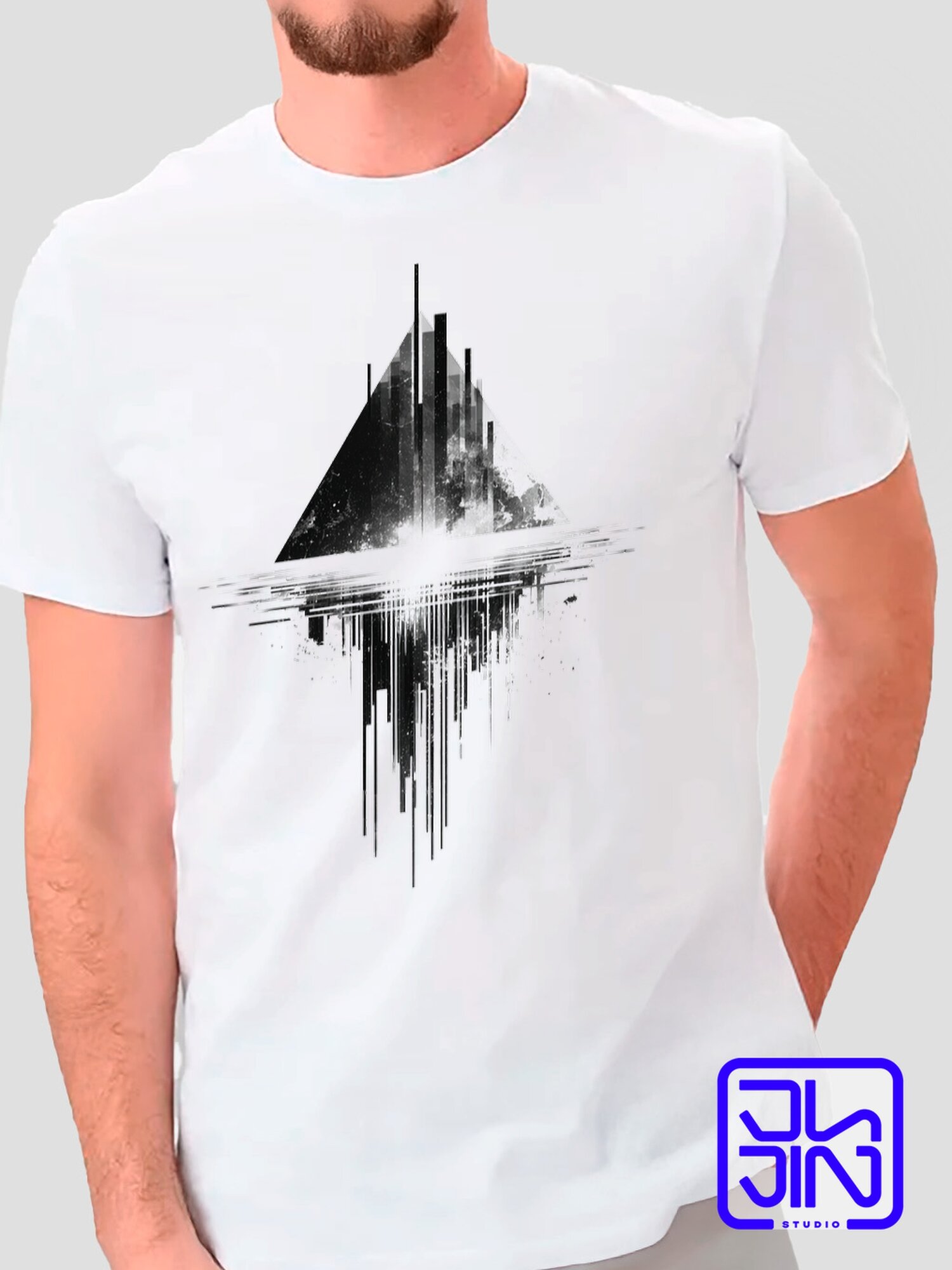 Футболка классическая мужская с авторским принтом Черно-белая геометрическая абстракция с треугольником и космическим айсбергом, белый хлопковый трикотаж с прикольным рисунком на груди