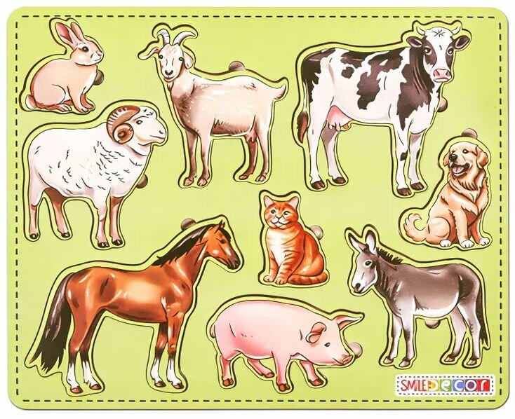 Деревянная рамка-вкладыш Smile Decor "Домашние животные", развивающий пазл-головоломка для детей, развитие мелкой моторики и логики