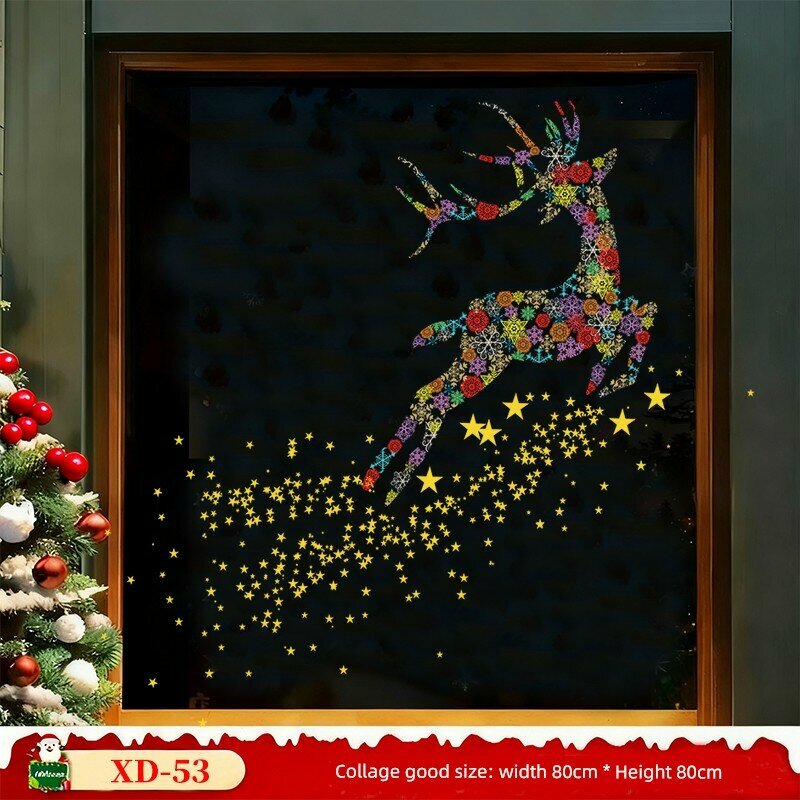 Новогодние стеклянные наклейки, статические наклейки, наклейки на окна с изображением Деда Мороза и елки, оформление