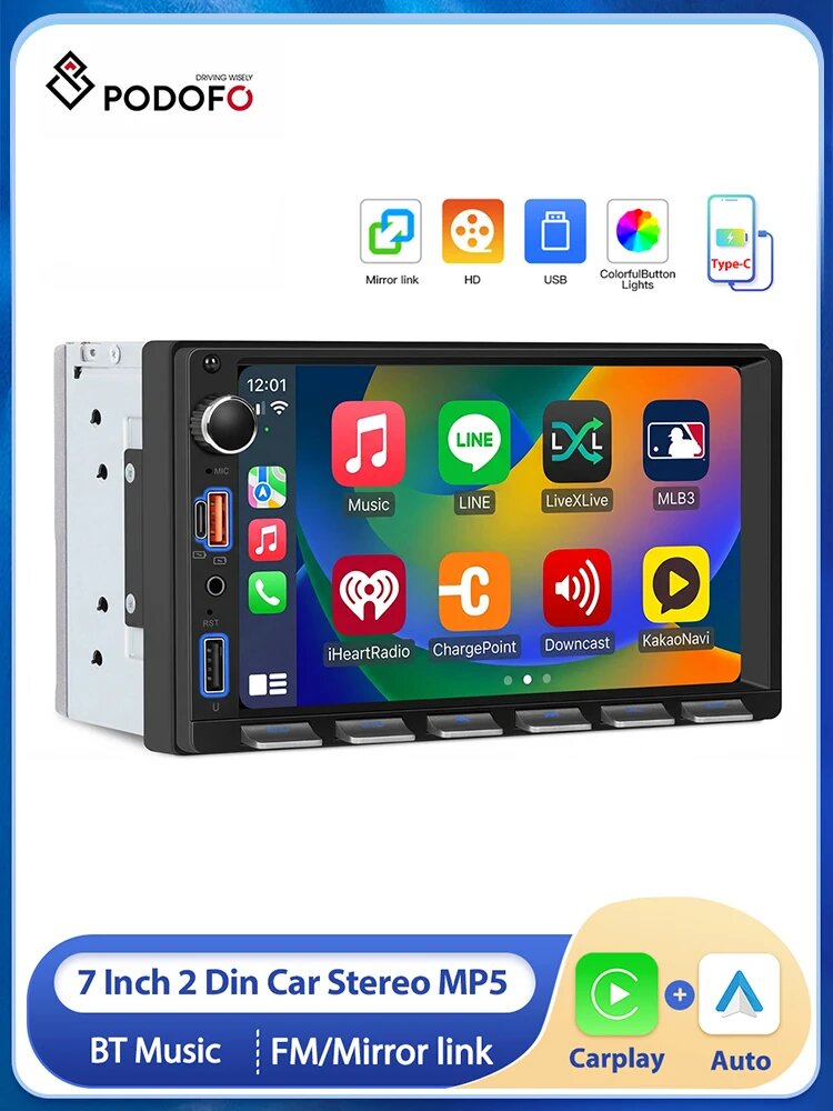 Podofo 7-дюймовый 2 Din автомобильный стерео MP5 мультимедийный плеер с сенсорным экраном FM Bluetooth MirrorLink универсальное авторадио Carplay Radio