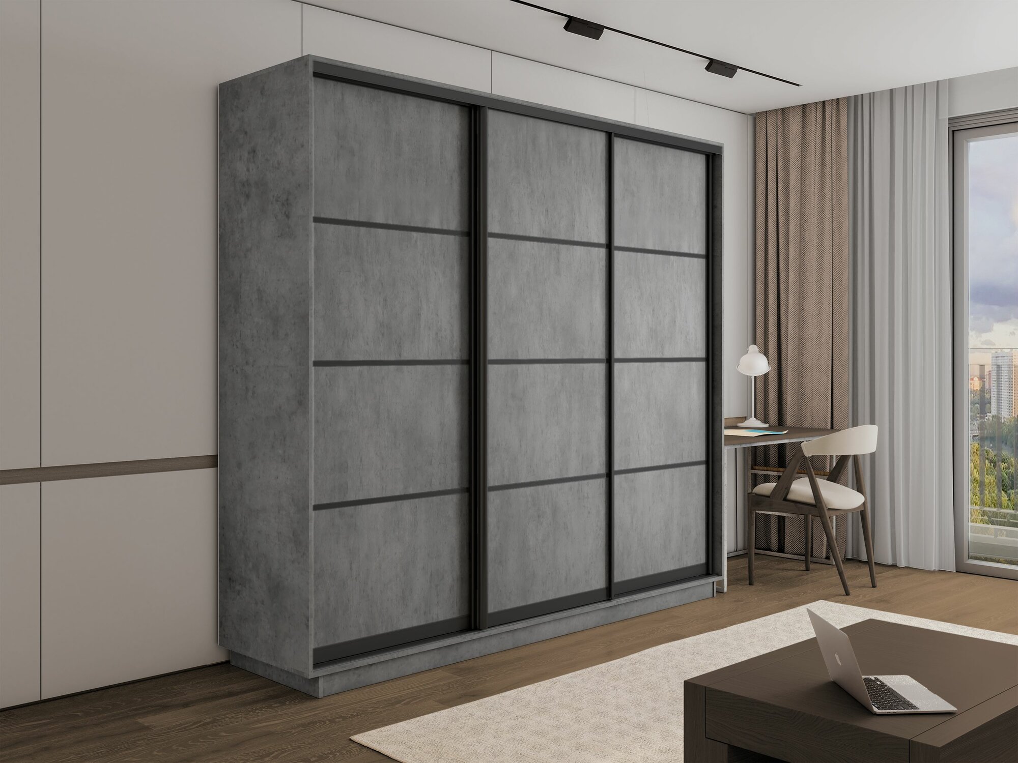 Шкаф-купе Вилли С4 3-х дверный, ЛДСП, (черный профиль) 180х60х220 см. Бетон