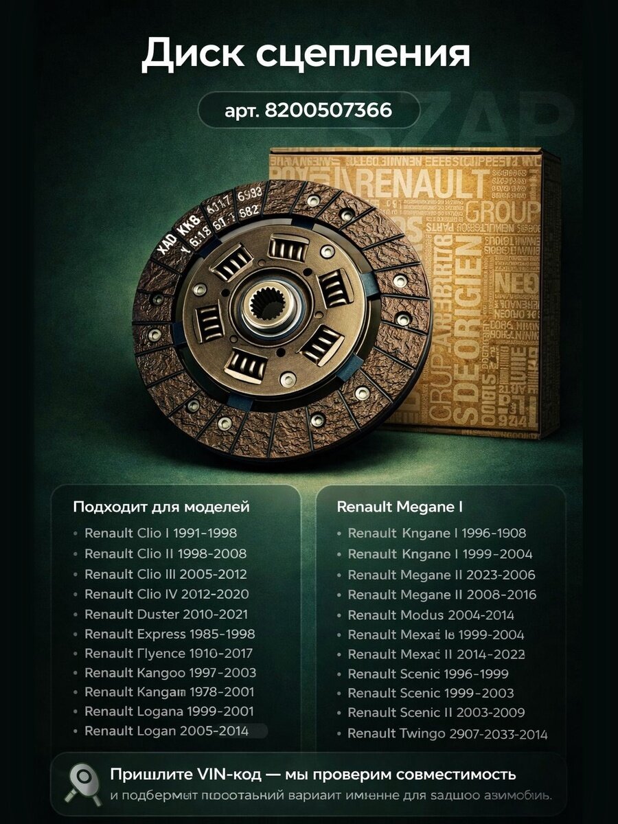 Диск сцепления Renault 8200507366 для Clio I–IV (2005–2020), Duster (2010–2021), Express (1985–1998)