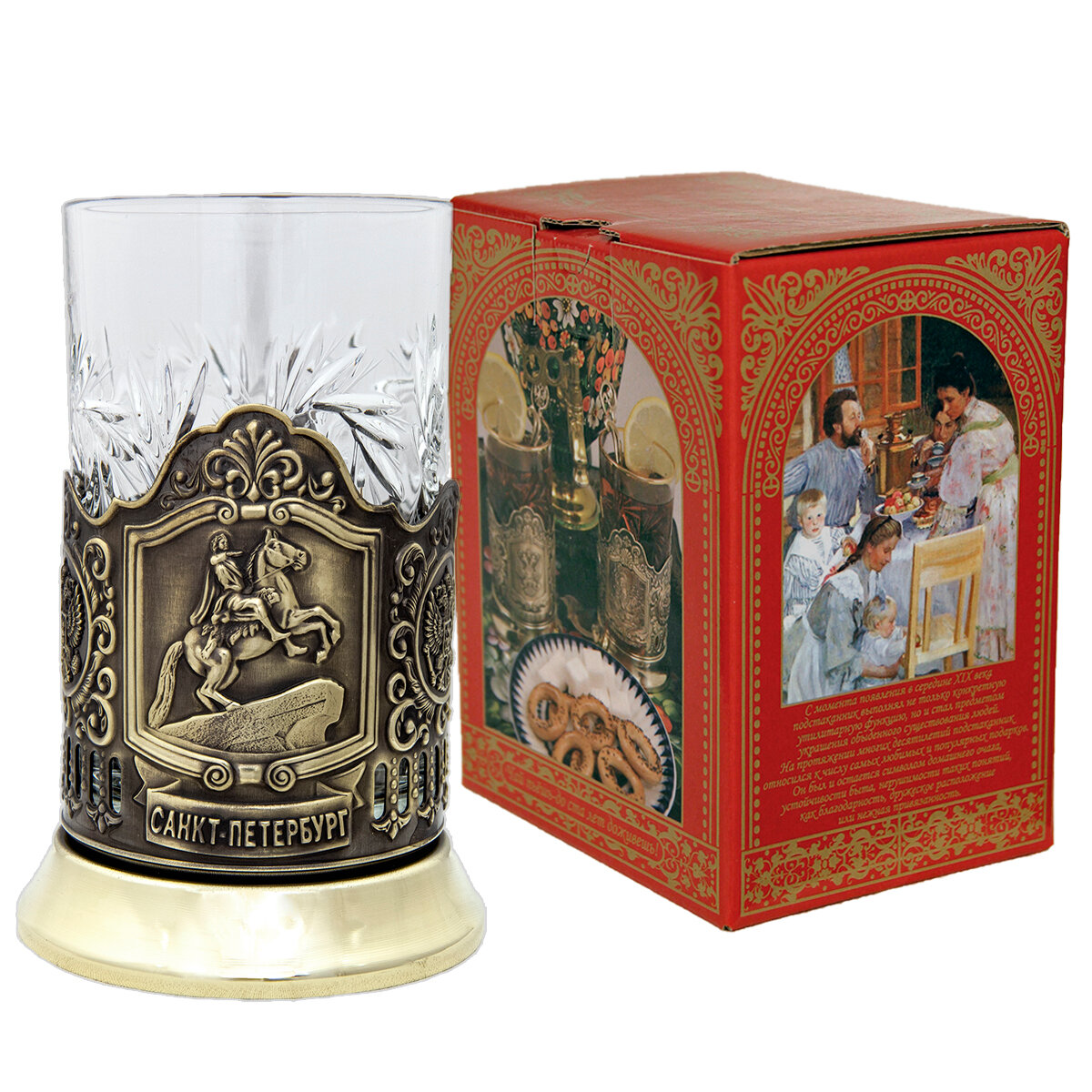 Подстаканник "Медный всадник" карт. коробка, хруст. стакан, латунь, штамп ПД-112ШК-л