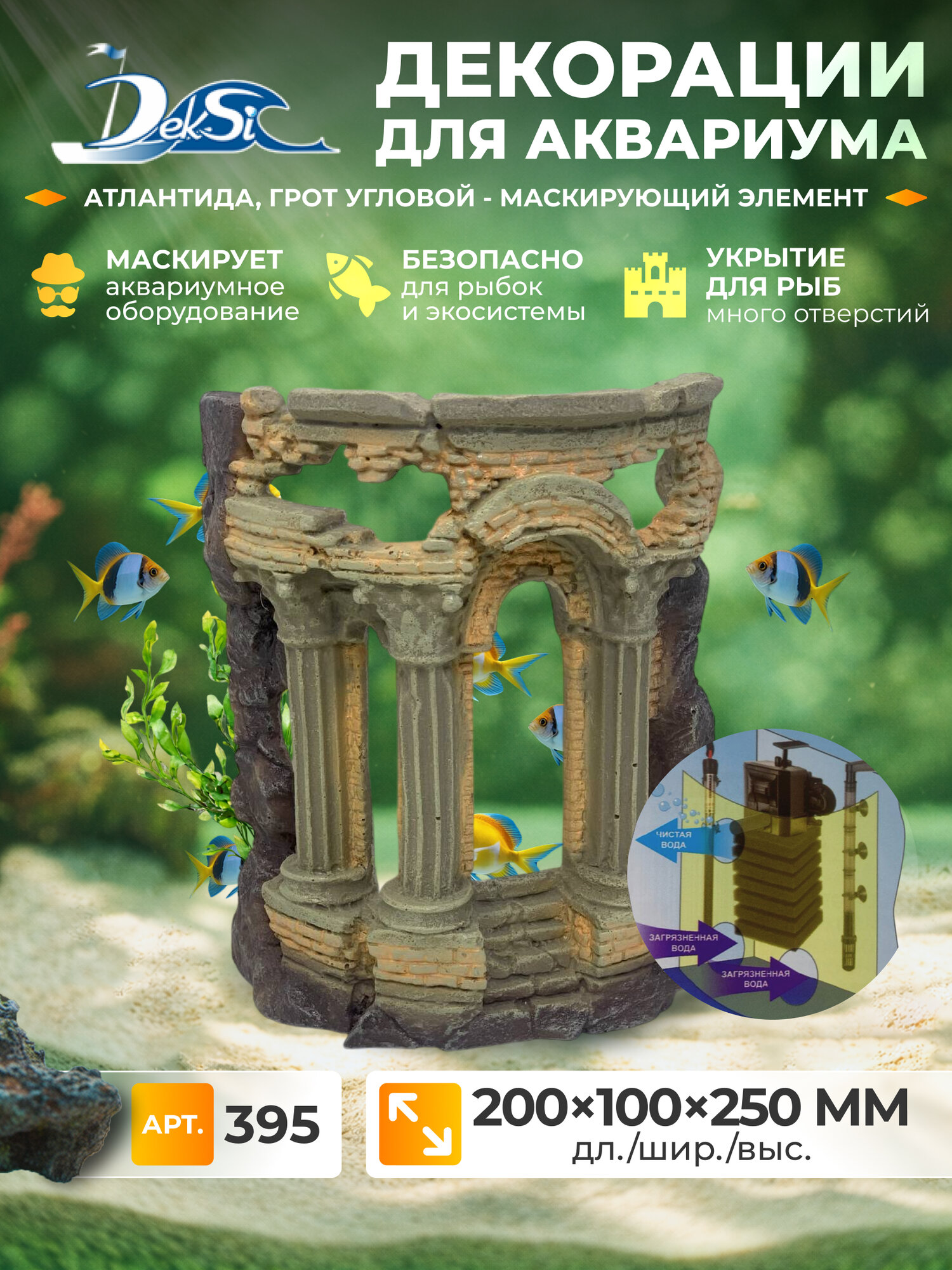 Декорация для аквариума замок Атлантида, грот DEKSI 395 маскирующий элемент для фильтра и обогревателя