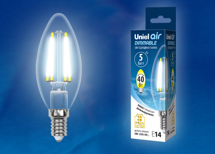 Лампа светодиодная 9W LED-С35-9W/4000K/Е14/CL/DIM GLA01TR свеча диммир цвет белый AIR DIM UNIEL