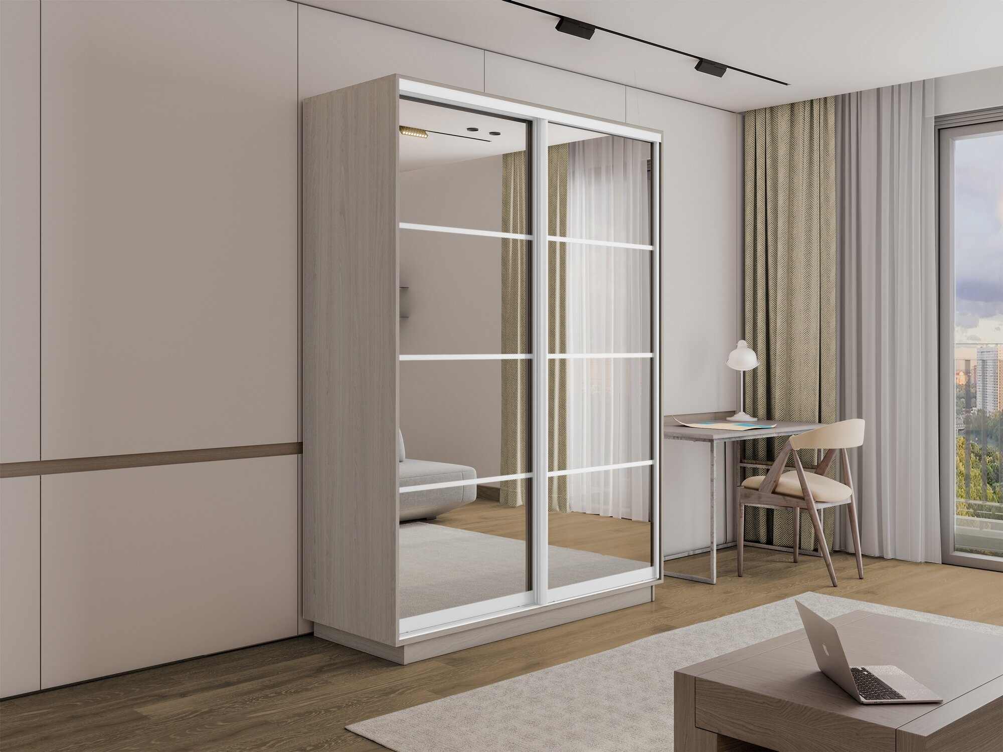 Шкаф-купе Вилли С4 2-х дверный, зеркальные двери, (белый профиль) 120х45х220 см. Ясень Шимо светлый