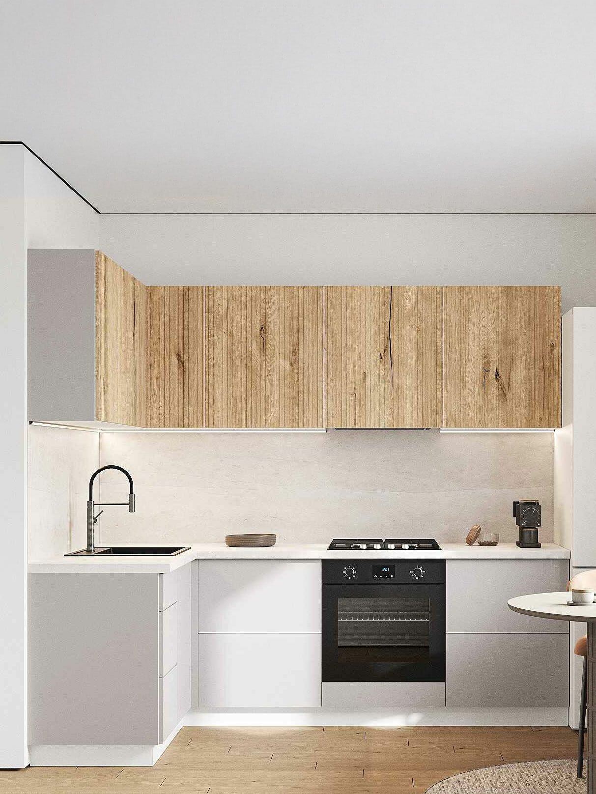 Кухонный гарнитур угловой Комби 2.4х1.4 м, мебель для дома и кухни, Белый / Дуб Торонто / Нео