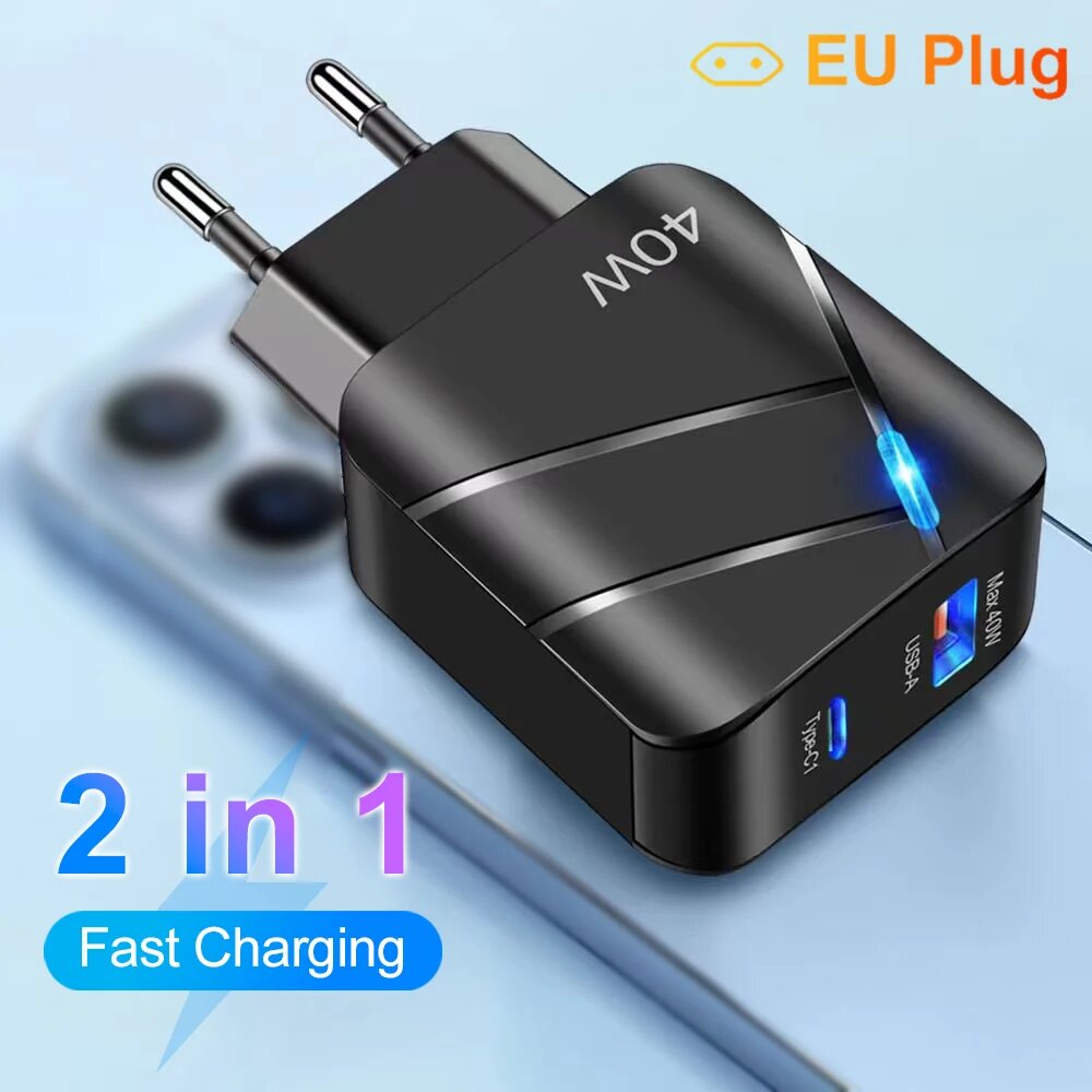 Зарядное Устройство Для Настенной Розетки USB C, 40 Вт, PD, Быстрая Зарядка QC 3.0, Адаптер Быстрой Зарядки Для iPhone 14, 13 — фото 1