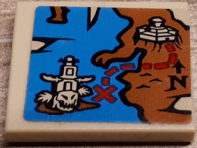 Tile 2 x 2 with Map, Blue Water, Dark Orange Land, Black N and Arrow, Red X and Path Pattern (Sticker) - Set 70591, 3068pb1440 Tan U