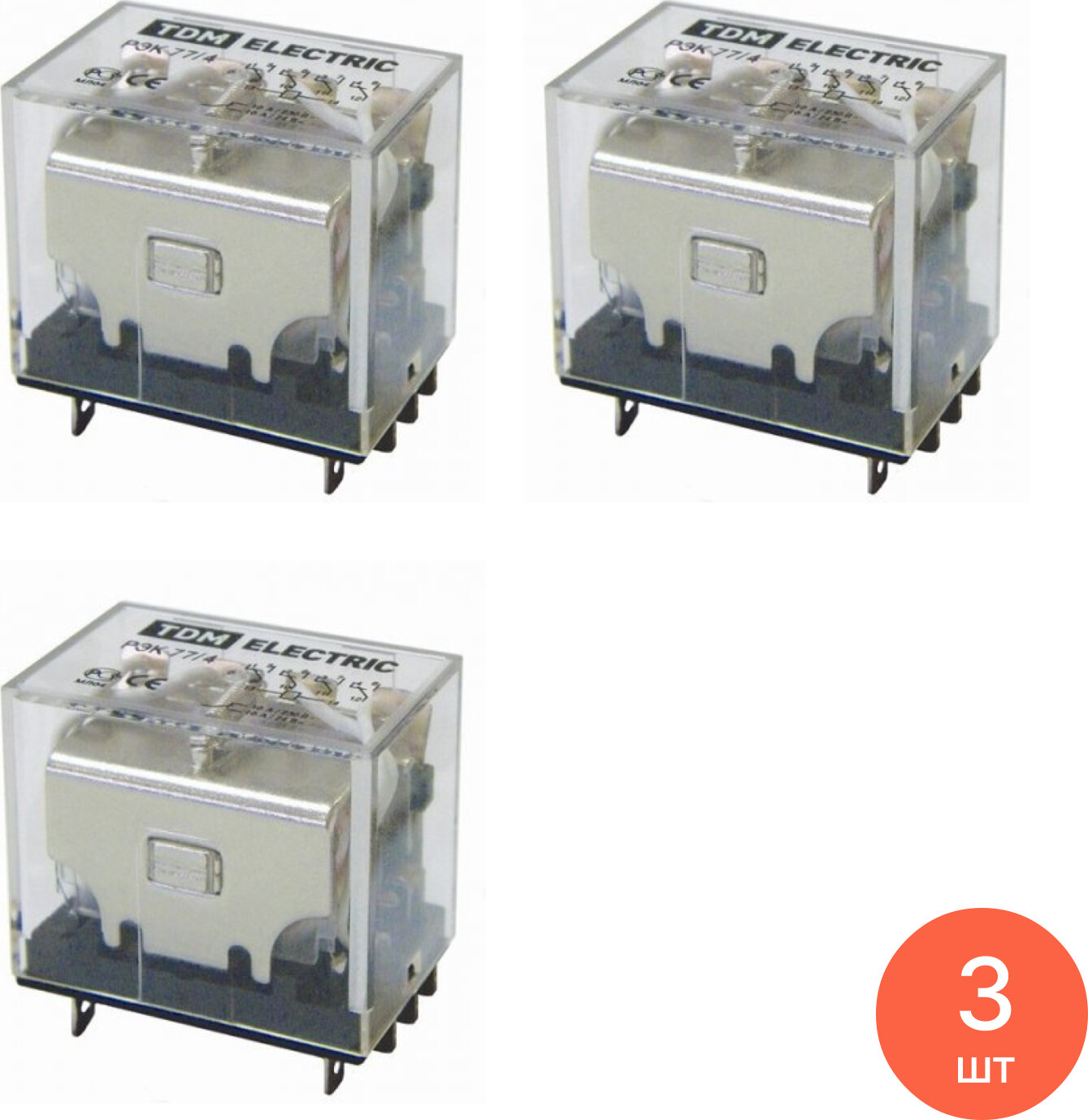 Реле промежуточное TDM Electric / ТДМ Электрик РЭК77/4, серебросодержащие контакты, 41x42x27мм, 10А 48В DC, SQ0701-0029 / электрика (комплект из 3 шт)