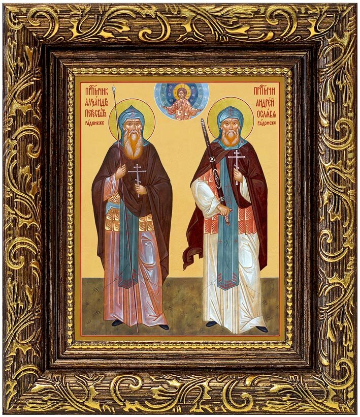 Преподобные Александр Пересвет и Андрей Ослябя Радонежские, икона в широкой темной пластиковой рамке 14,5*16,5 см