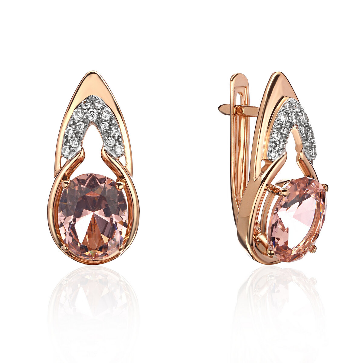 Серьги, красное золото, 585 проба, морганит, фианит