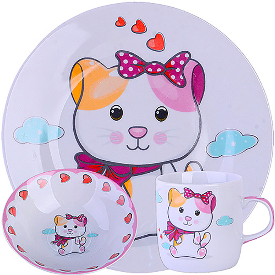 Набор детской посуды "Котенок" Loraine, 3 предмета, фарфор, белый/розовый