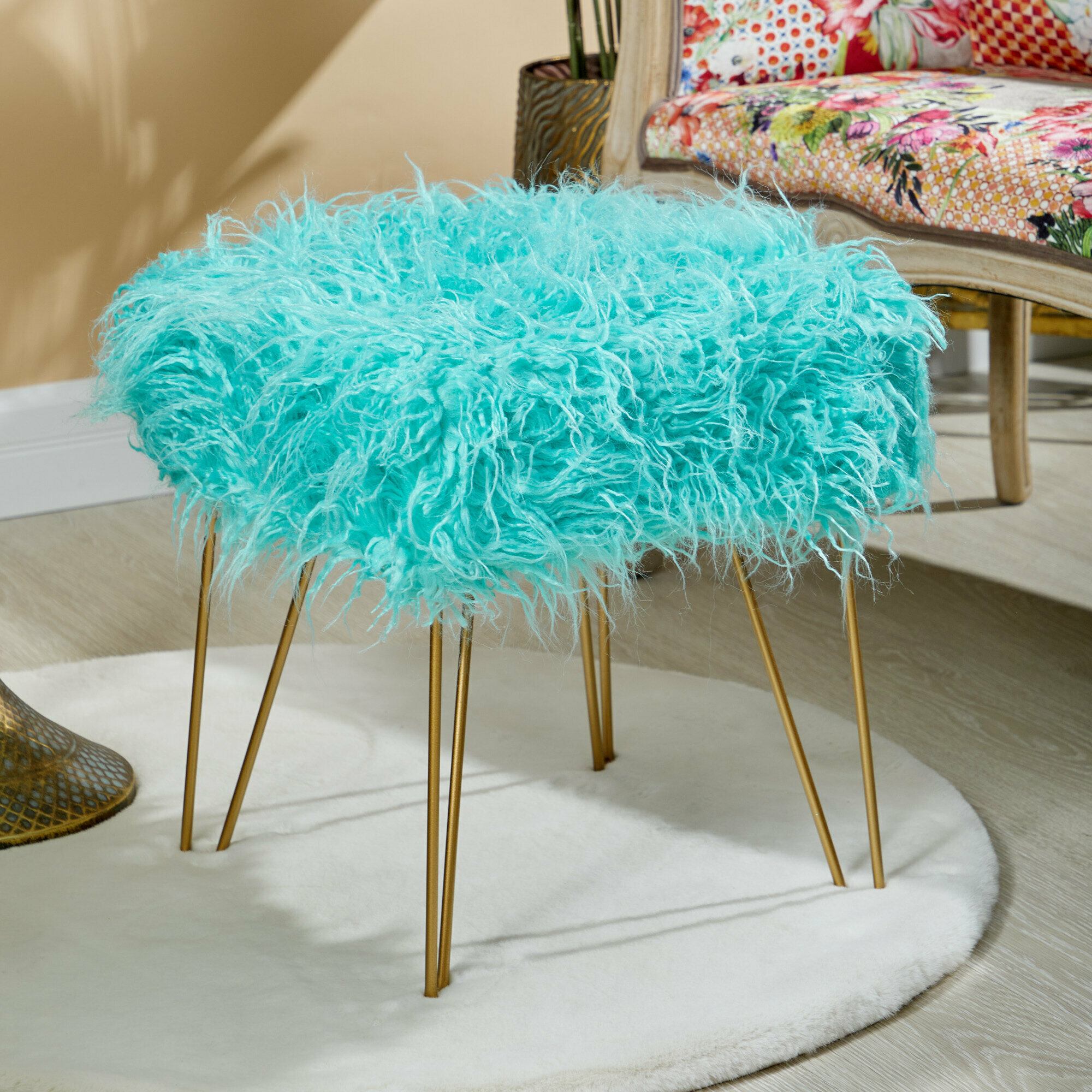 49-321 Пуф с меховым ворсом 41х41х46см, МДФ, мех, поролон, металл, Glasar