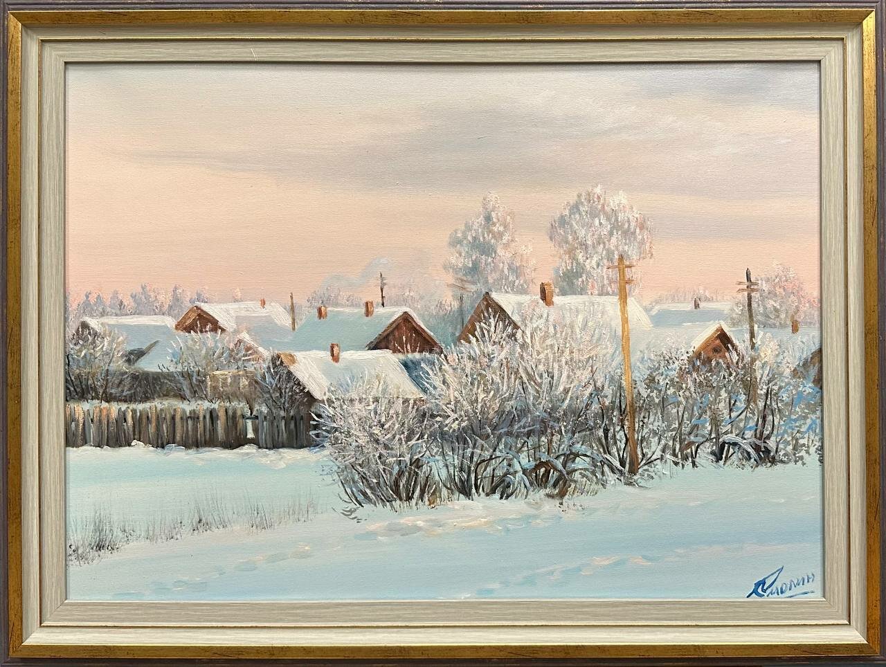Картина маслом, зимний пейзаж "Теплый вечер" 1