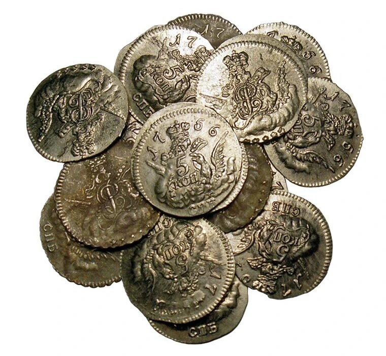 5 копеек 1756-1761 орел в облаках, серебро 1 штука т/н сувенирная копия монеты, нумизматика, деньги для коллекции