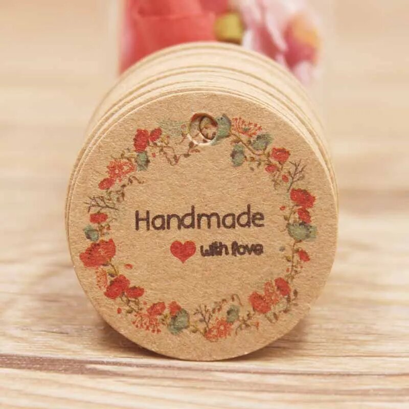 Крафтовые бирки круглые "Handmade with love", 3 см, 100 шт