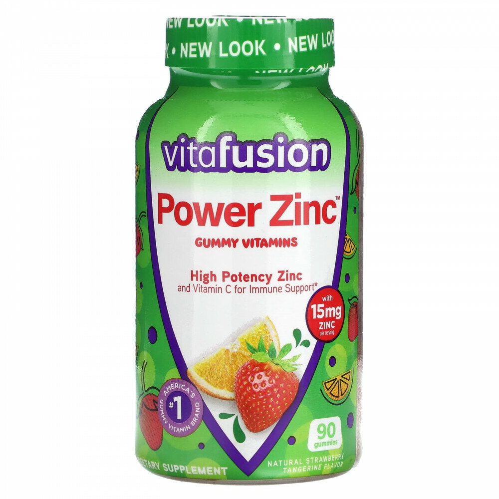 VitaFusion, Power Zinc, жевательные витамины, с натуральным вкусом клубники и мандарина, 15 мг, 90 штук