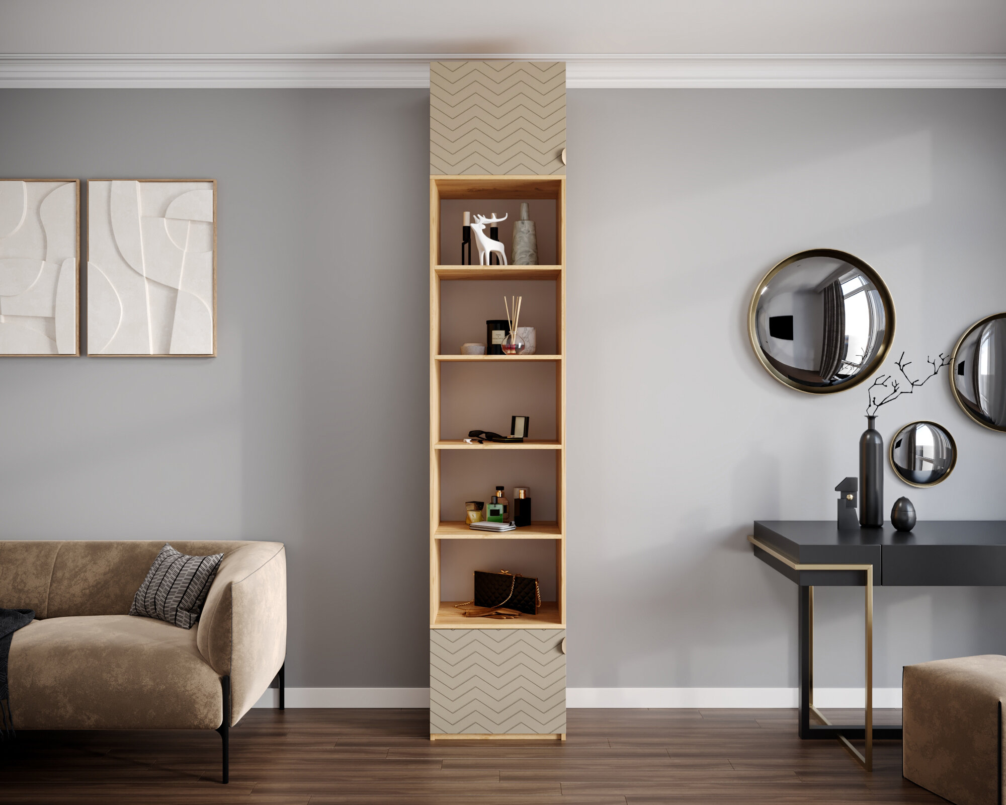 Шкаф пенал с полками "Гринвич" 50х250х40 Дуб крафт золотой / мокко