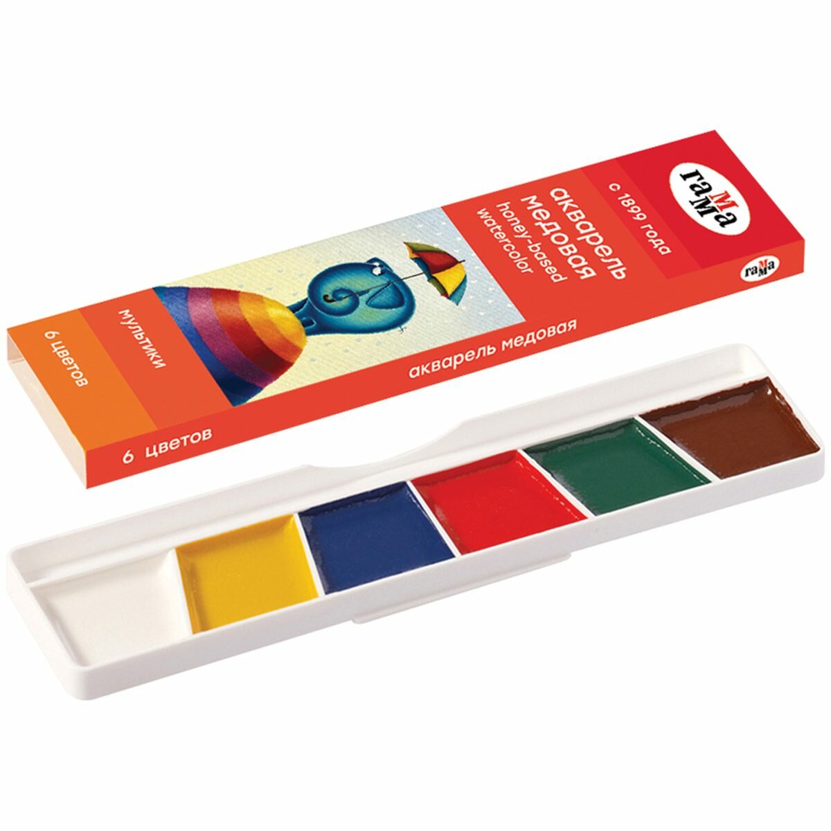 Краски акварельные медовые 6 цветов Гамма "Мультики", без кисти, картонная упаковка (211046), 64 уп.