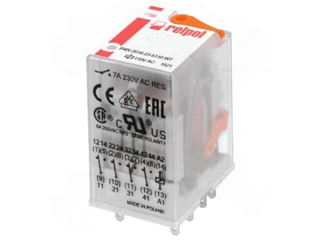 Реле электромагнитное RELPOL R4N-2014-23-5110-WT, 4PDT, Uобмотки 110ВAC, 6A-250ВAC, 12А
