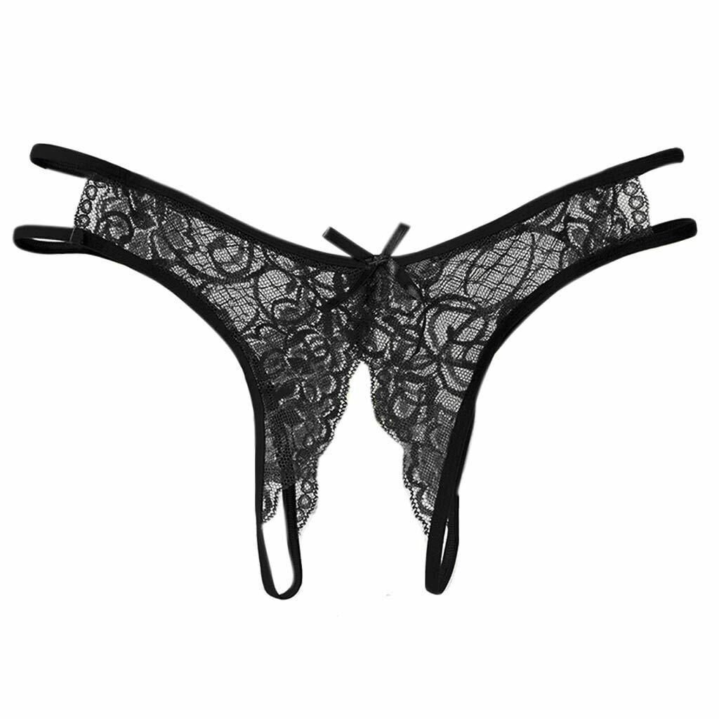 Кружевные соблазнительные стринги с открытой промежностью-черный