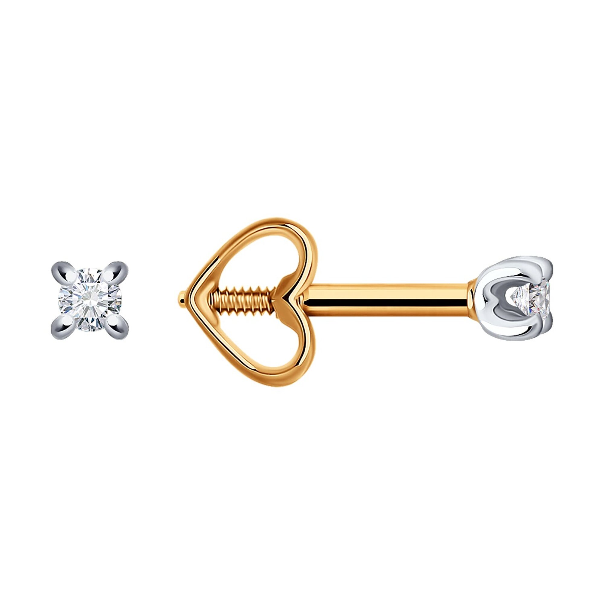 Серьги пусеты, красное золото, 585 проба, бриллиант