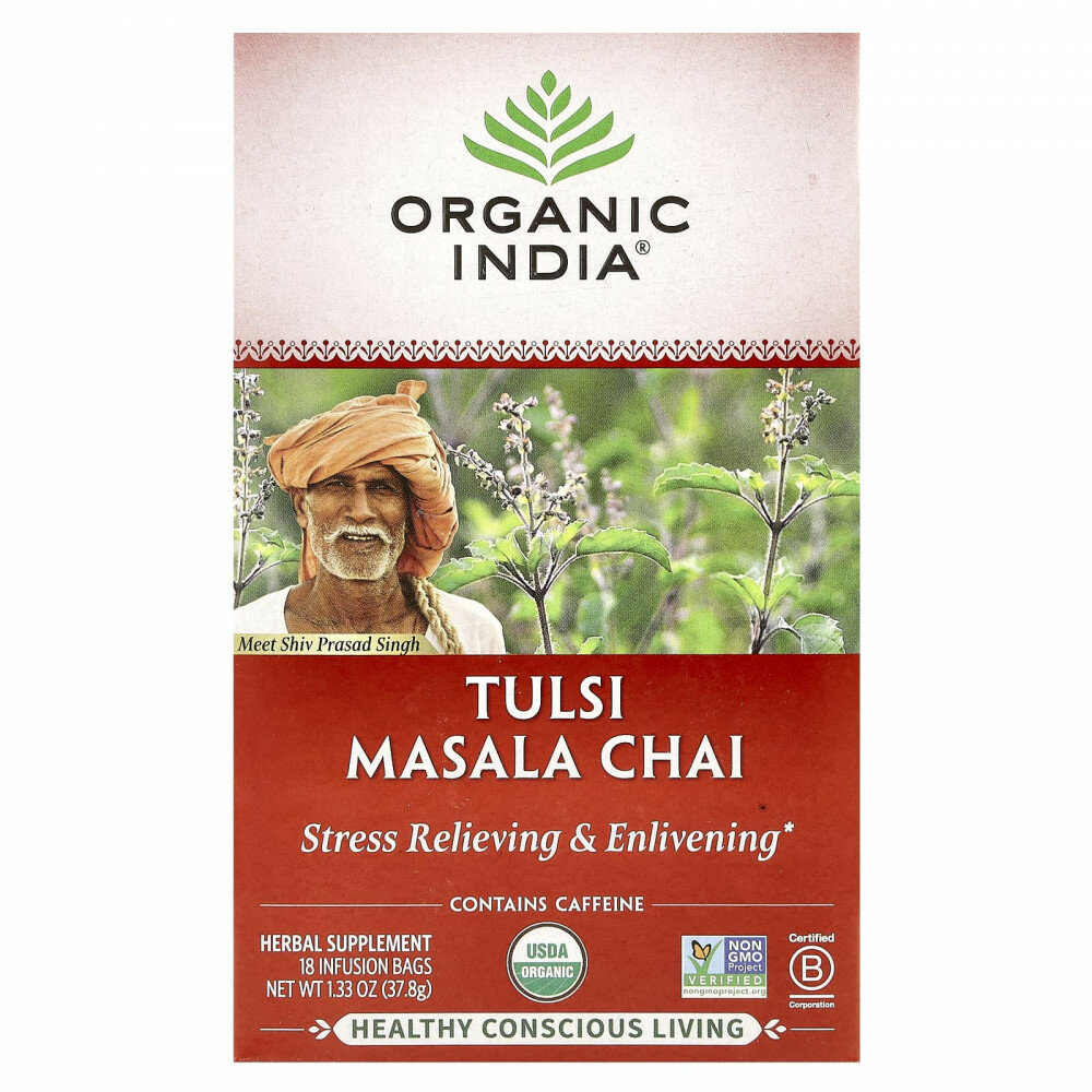 Organic India, Чай масала с тулси, 18 пакетиков, 37,8 г (1,33 унции)