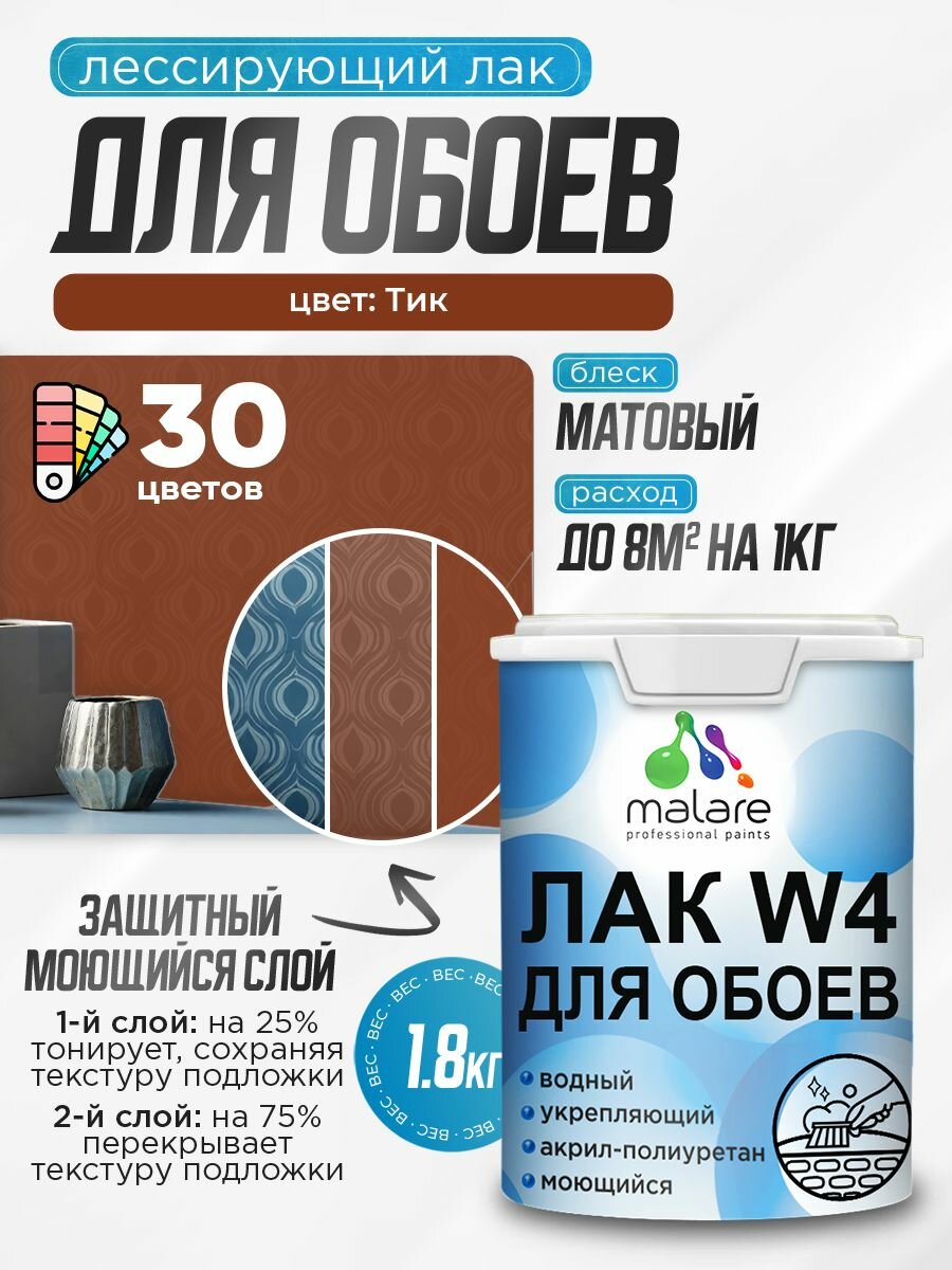 Лак колерованный тонирующий для защиты обоев Malare W4 универсальный для дерева и минеральных поверхностей, водный без запаха быстросохнущий, матовый, тик, 1.8 кг.