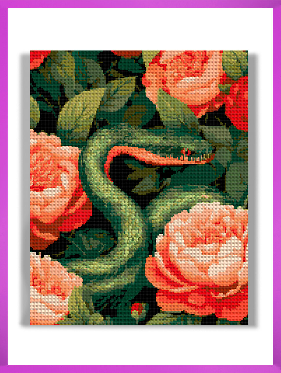 Алмазная мозаика на подрамнике - вышивка Зеленая змея в пионах 40 х 50 см