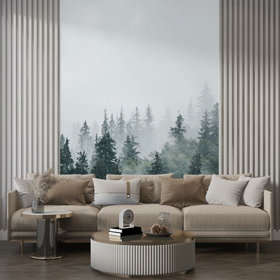 Фотообои лес туманный утром 9-1859-S-Флок 270 x 200 см (ВхШ) Бесшовные, флизелиновые, влагостойкие обои MasterFresok