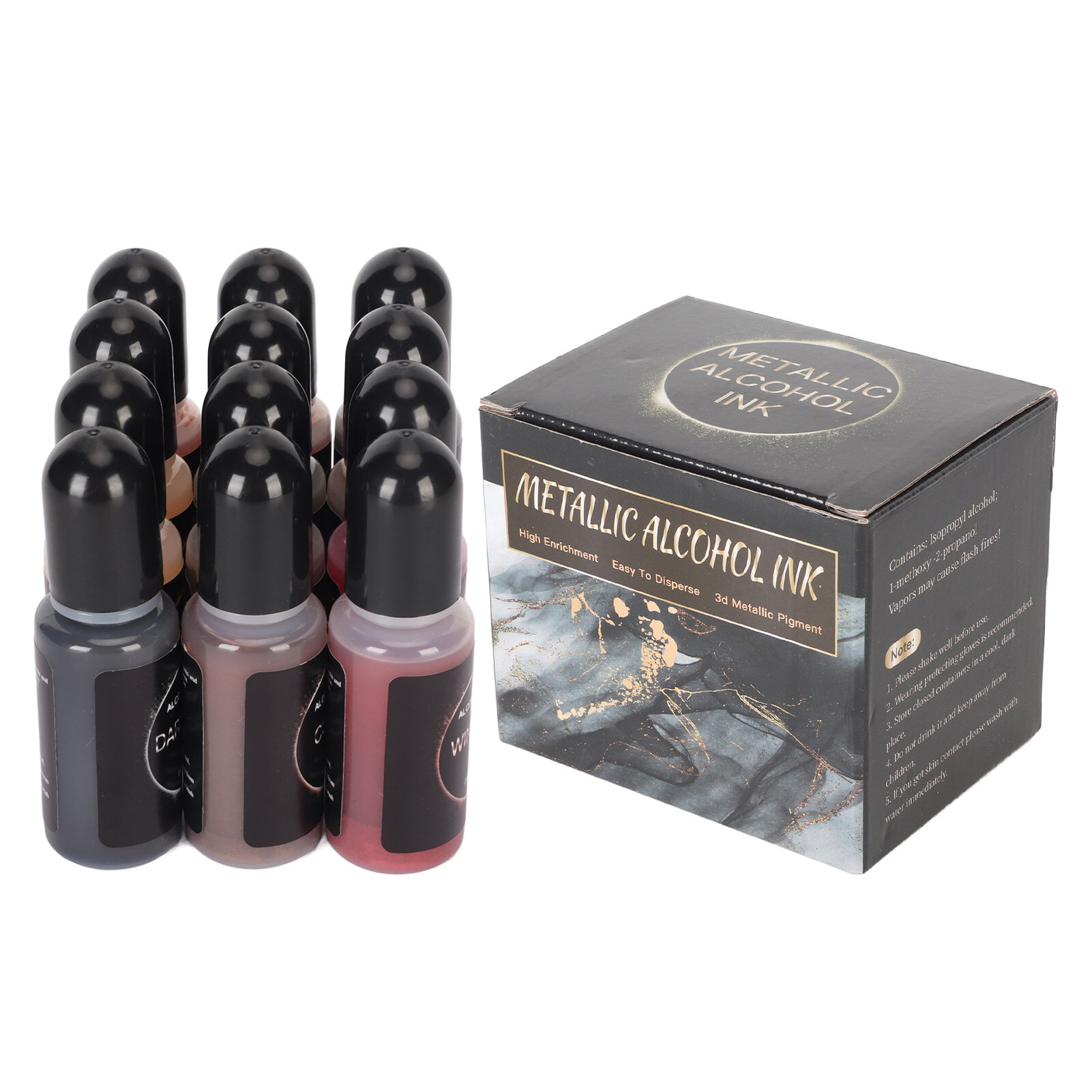 Набор из 12 высококонцентрированных спиртовых чернил с металлическим блеском, по 10 мл каждое, для живописи с использованием эпоксидной смолы.