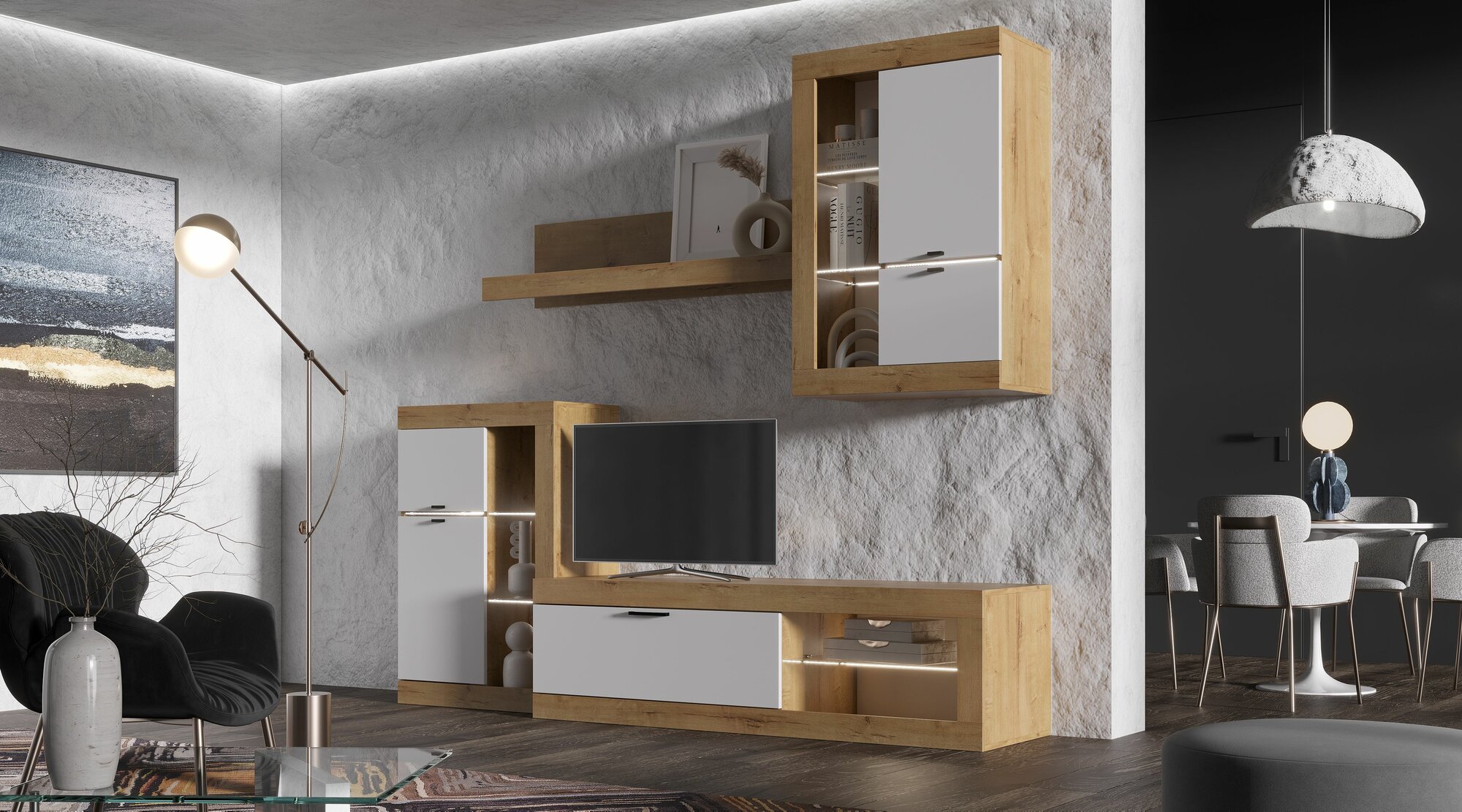 Комплект мебели для гостиной Прага с подсветкой (комп 1) Дуб Вотан/Белый гладкий