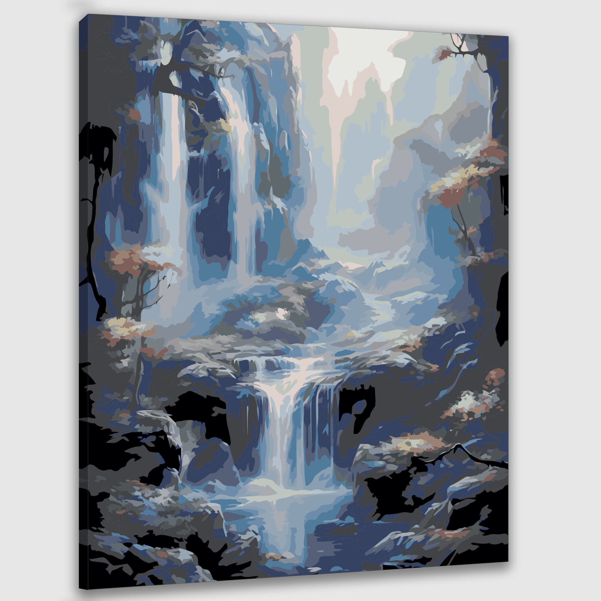 Картина по номерам 40x50 см, картина маслом, водопад, каскад, каменный лес, мазок художника, бегущая вода, синие цвета
